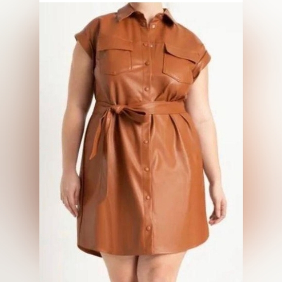 Eloquii | Dresses | Eloquii Brown Faux Leather Button Down Belted Shirt ...